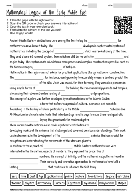Worksheet with the topic "Mathematical Legacy of the Early Middle East ...