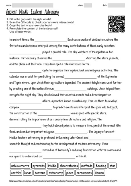 Worksheet with the topic "Ancient Middle Eastern Astronomy" | MATERIALS ...