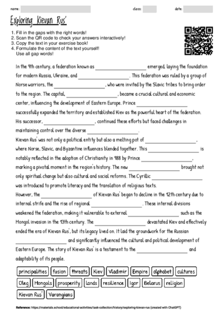 Worksheet with the topic "Exploring Kievan Rus'" | MATERIALS.SCHOOL