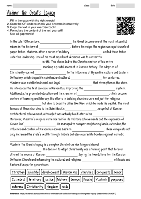 Worksheet with the topic "Vladimir the Great's Legacy" | MATERIALS.SCHOOL