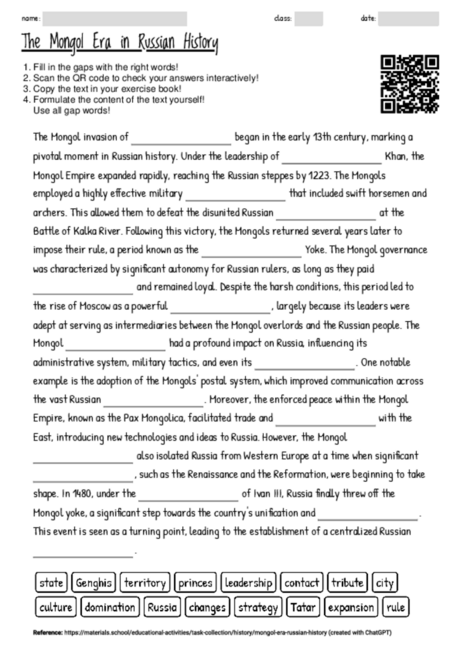 Worksheet with the topic "The Mongol Era in Russian History ...