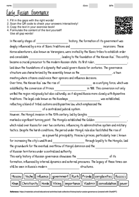 Worksheet with the topic "Early Russian Governance" | MATERIALS.SCHOOL