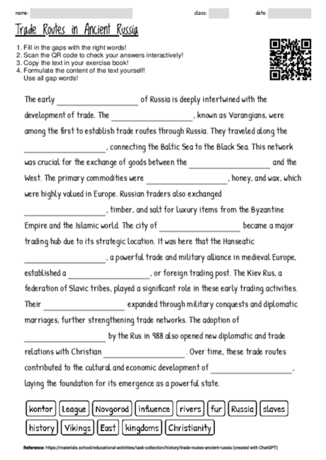 Worksheet with the topic "Trade Routes in Ancient Russia" | MATERIALS ...