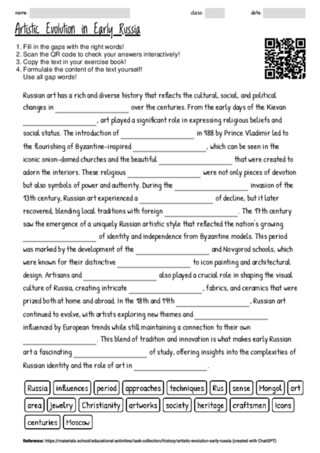Worksheet with the topic "Artistic Evolution in Early Russia ...