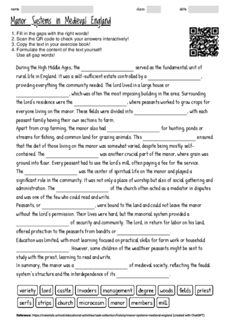 Worksheet with the topic "Manor Systems in Medieval England ...