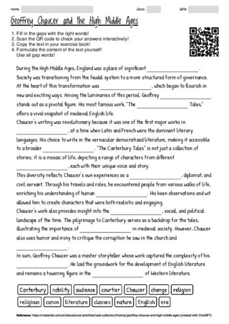 Worksheet with the topic "Geoffrey Chaucer and the High Middle Ages ...
