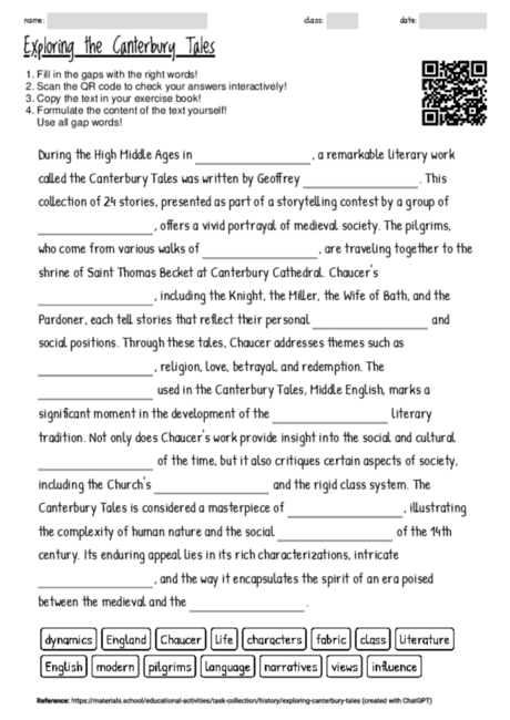Worksheet with the topic "Exploring the Canterbury Tales" | MATERIALS ...