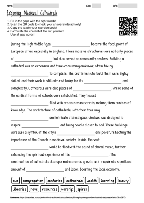 Worksheet with the topic "Exploring Medieval Cathedrals" | MATERIALS.SCHOOL