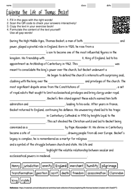 Worksheet with the topic "Exploring the Life of Thomas Becket ...