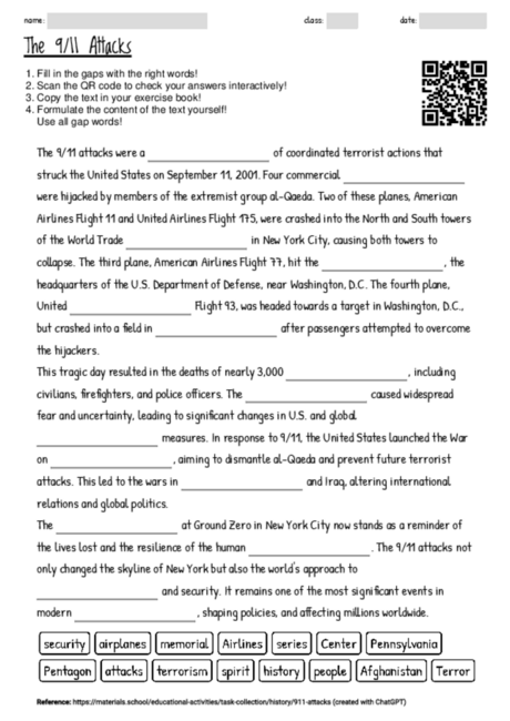 Worksheet with the topic "The 9/11 Attacks" | MATERIALS.SCHOOL