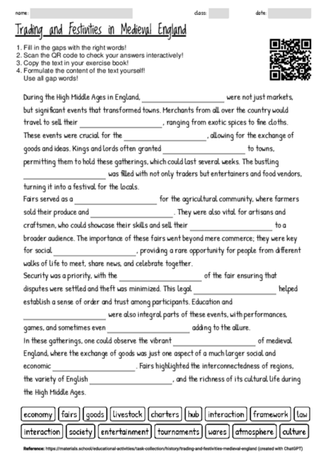 Worksheet with the topic "Trading and Festivities in Medieval England ...