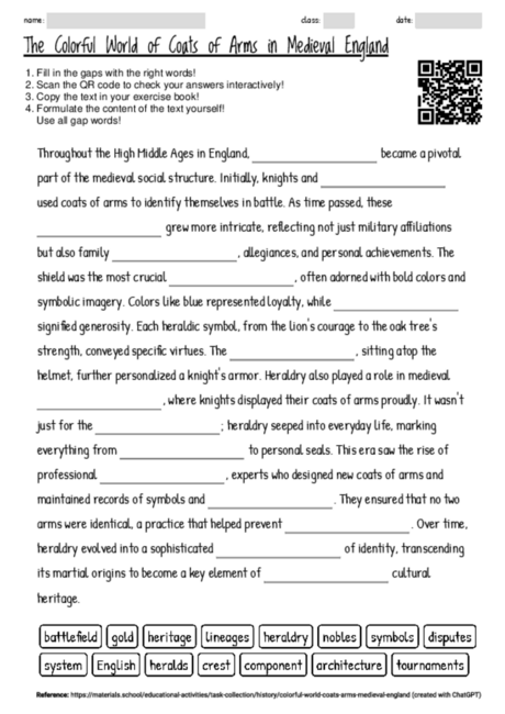 Worksheet with the topic "The Colorful World of Coats of Arms in ...