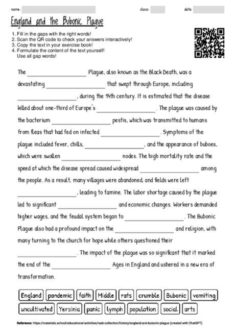 Worksheet with the topic "England and the Bubonic Plague" | MATERIALS ...