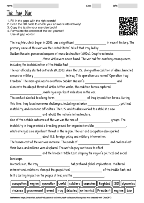 Worksheet with the topic "The Iraq War" | MATERIALS.SCHOOL