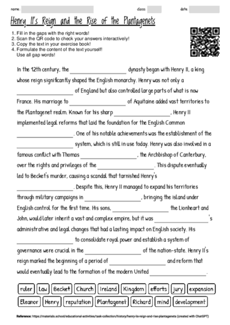 Worksheet with the topic "Henry II's Reign and the Rise of the ...