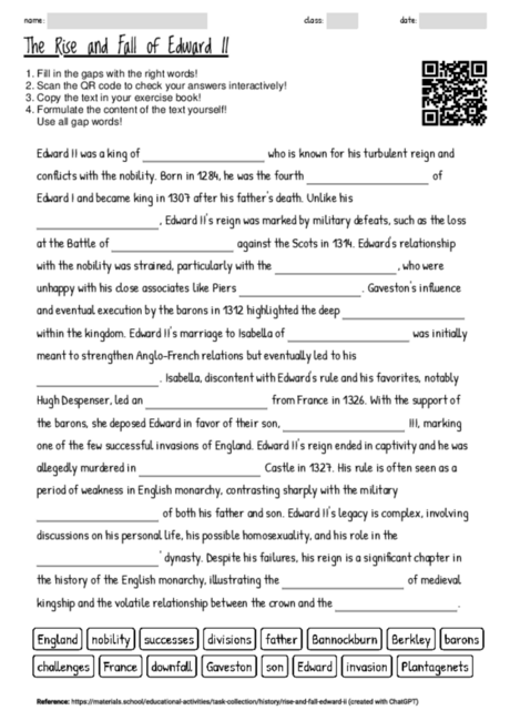 Worksheet with the topic "The Rise and Fall of Edward II" | MATERIALS ...