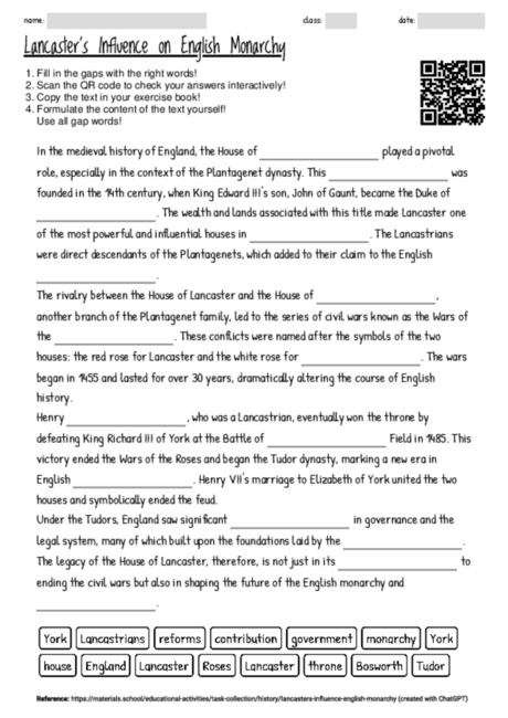 Worksheet with the topic "Lancaster's Influence on English Monarchy ...