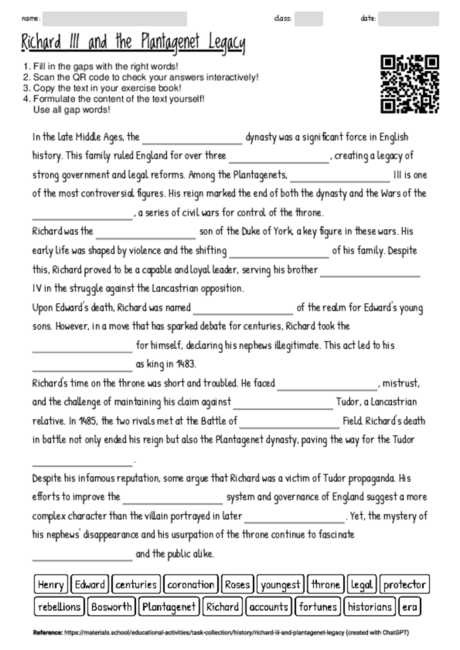 Worksheet with the topic "Richard III and the Plantagenet Legacy ...