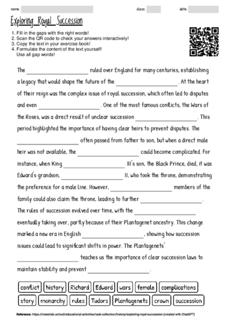 Worksheet with the topic "Exploring Royal Succession" | MATERIALS.SCHOOL