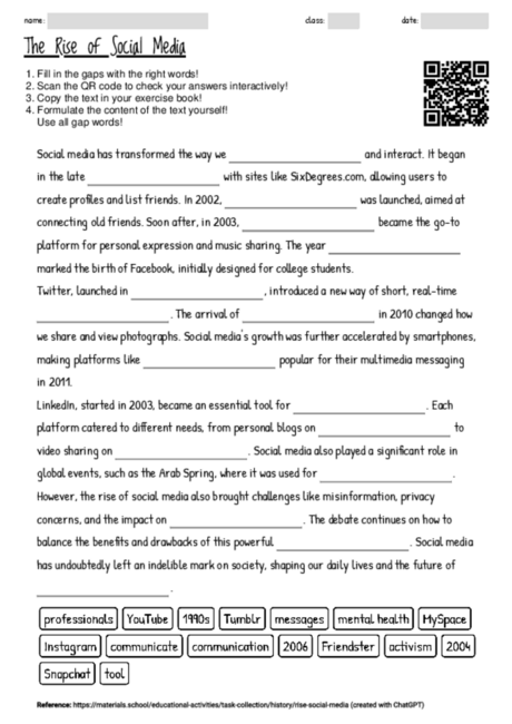 Worksheet with the topic "The Rise of Social Media" | MATERIALS.SCHOOL