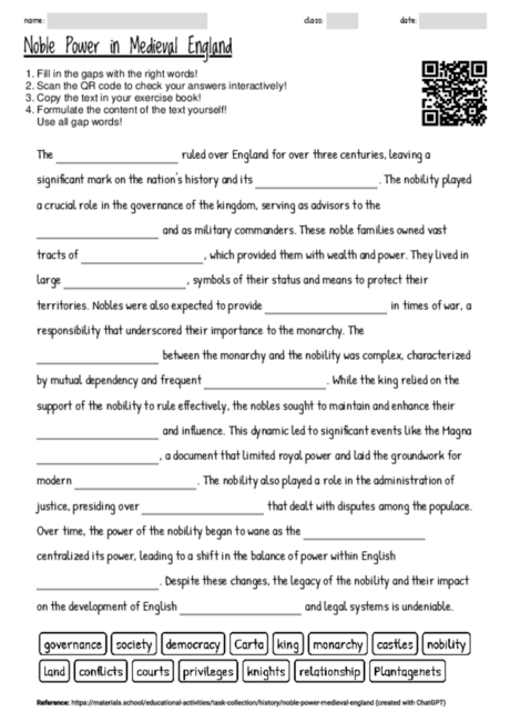 Worksheet with the topic "Noble Power in Medieval England" | MATERIALS ...