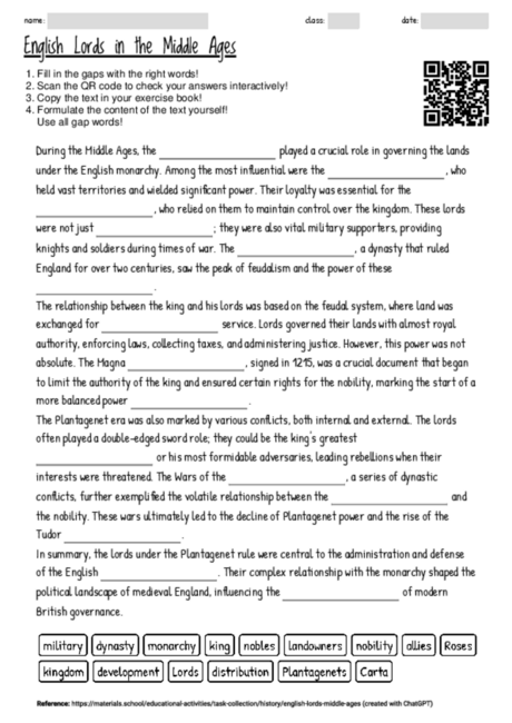 Worksheet with the topic "English Lords in the Middle Ages" | MATERIALS ...
