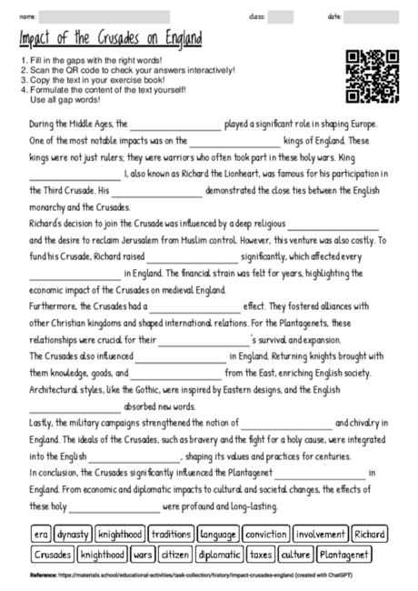 Worksheet with the topic "Impact of the Crusades on England ...
