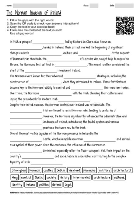 Worksheet with the topic "The Norman Invasion of Ireland" | MATERIALS ...