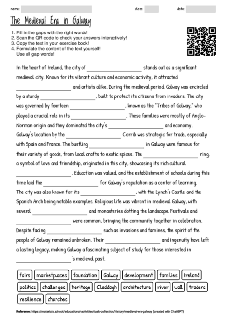 Worksheet with the topic "The Medieval Era in Galway" | MATERIALS.SCHOOL
