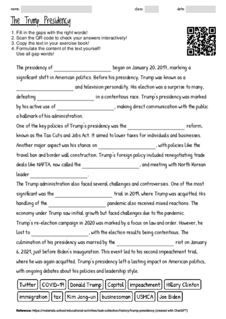 Worksheet with the topic "The Trump Presidency" | MATERIALS.SCHOOL