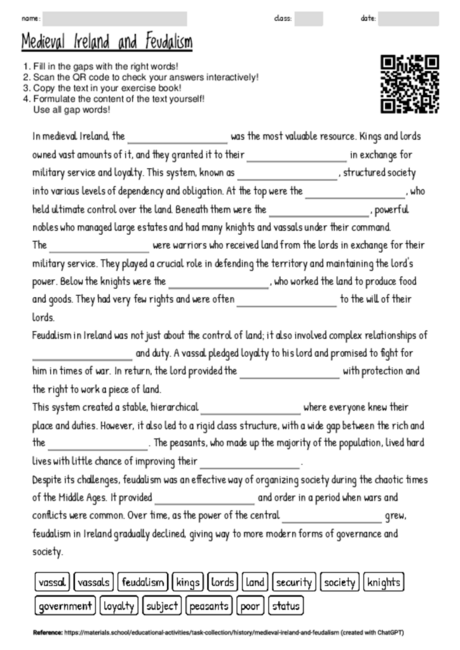 Worksheet with the topic "Medieval Ireland and Feudalism" | MATERIALS ...
