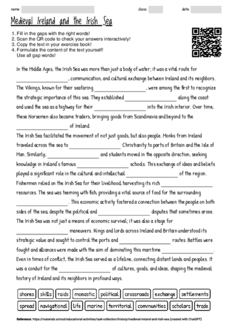 Worksheet with the topic "Medieval Ireland and the Irish Sea ...