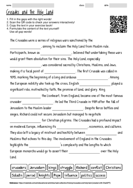 Worksheet with the topic "Crusades and the Holy Land" | MATERIALS.SCHOOL