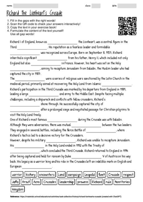 Worksheet with the topic "Richard the Lionheart's Crusade" | MATERIALS ...