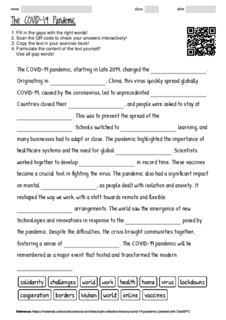 Worksheet with the topic "The COVID-19 Pandemic" | MATERIALS.SCHOOL