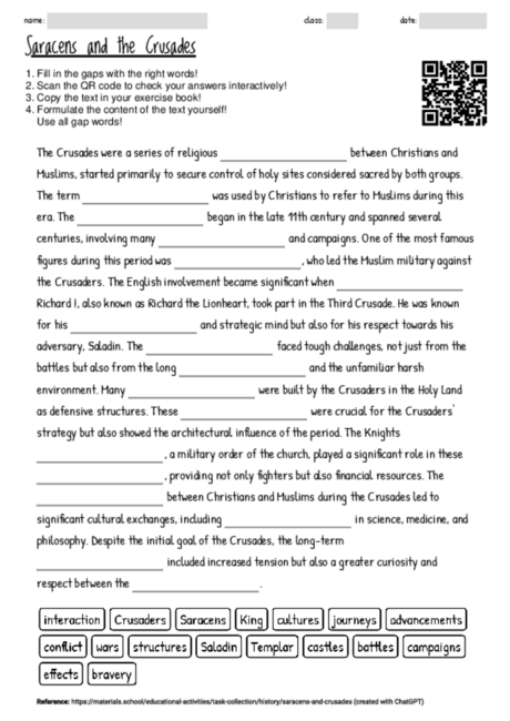 Worksheet with the topic "Saracens and the Crusades" | MATERIALS.SCHOOL