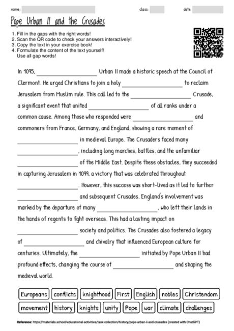Worksheet with the topic "Pope Urban II and the Crusades" | MATERIALS ...