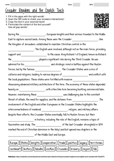 Worksheet with the topic "Crusader Kingdoms and the English Touch ...