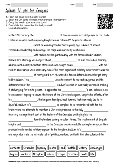Worksheet with the topic "Baldwin IV and the Crusades" | MATERIALS.SCHOOL