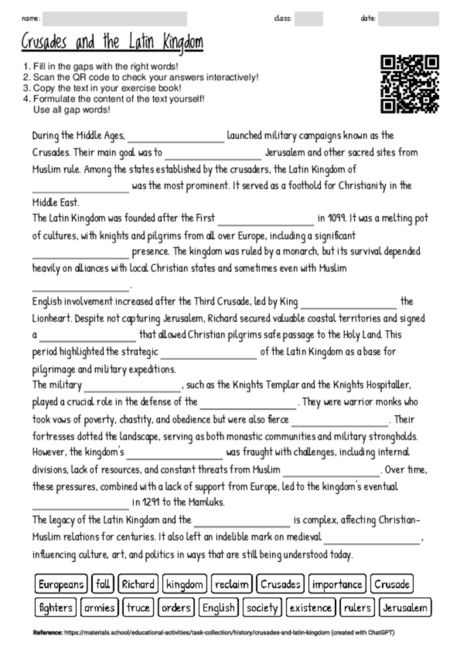 Worksheet with the topic "Crusades and the Latin Kingdom" | MATERIALS ...