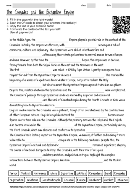 Worksheet with the topic "The Crusades and the Byzantine Empire ...