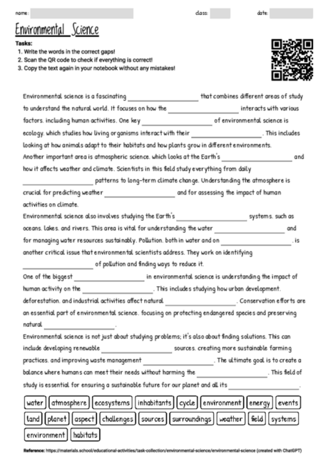 Worksheet with the topic "Environmental Science" | MATERIALS.SCHOOL
