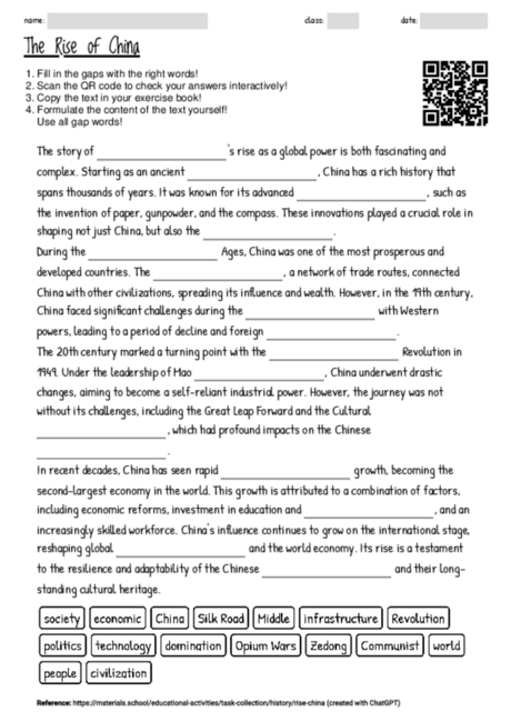 Worksheet with the topic "The Rise of China" | MATERIALS.SCHOOL
