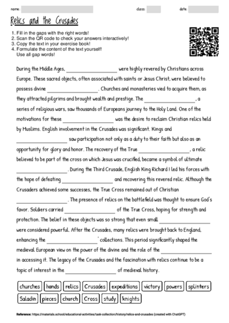 Worksheet with the topic "Relics and the Crusades" | MATERIALS.SCHOOL