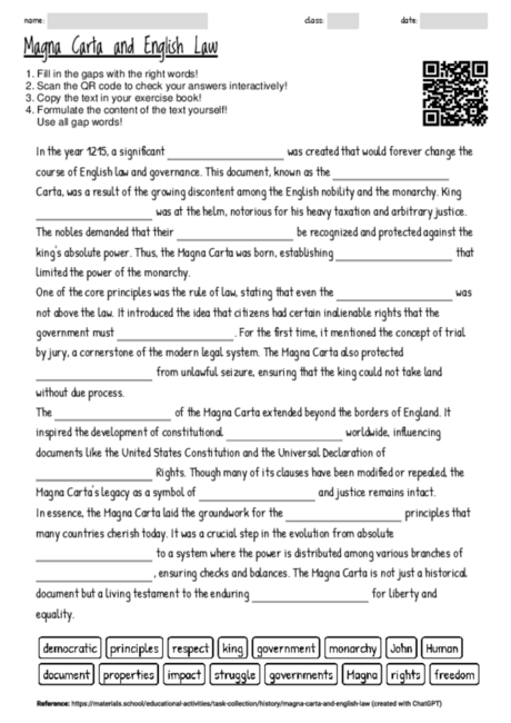 Worksheet with the topic "Magna Carta and English Law" | MATERIALS.SCHOOL