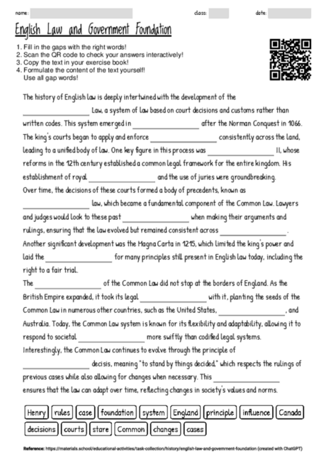 Worksheet with the topic "English Law and Government Foundation ...