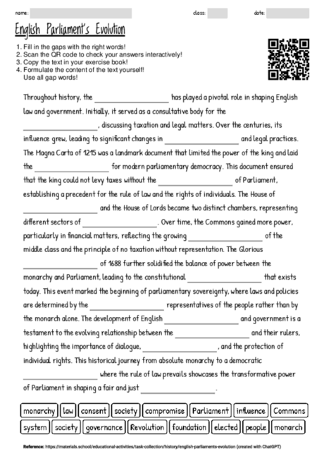 Worksheet with the topic "English Parliament's Evolution" | MATERIALS ...