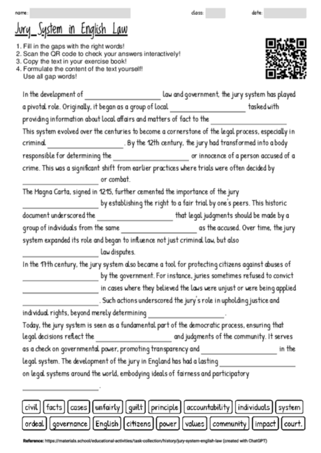 Worksheet with the topic "Jury System in English Law" | MATERIALS.SCHOOL