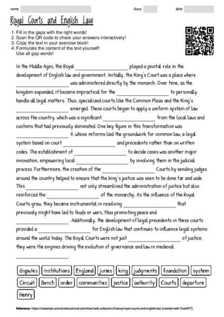 Worksheet with the topic "Royal Courts and English Law" | MATERIALS.SCHOOL