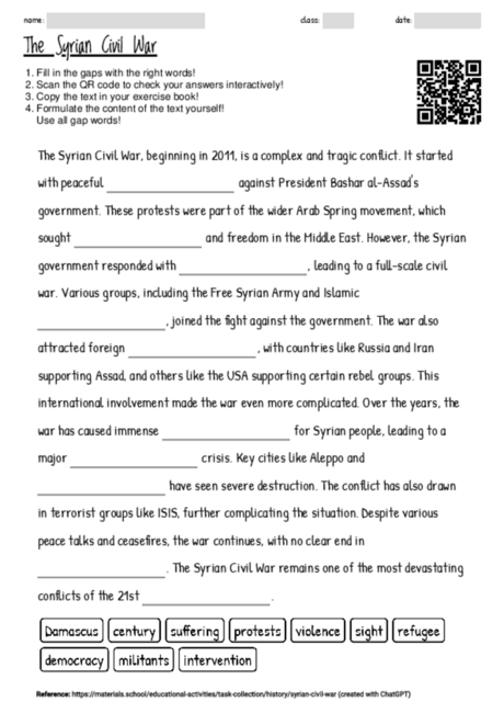 Worksheet with the topic "The Syrian Civil War" | MATERIALS.SCHOOL